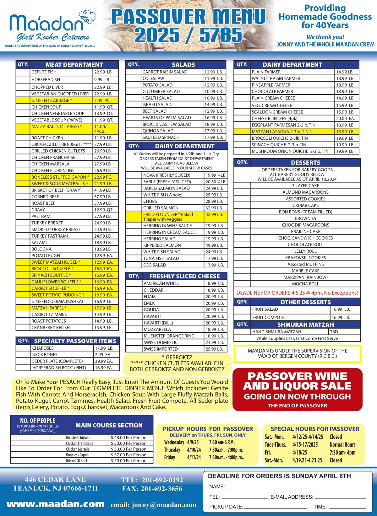 Holiday & Special Menus - Kosher Food Deli North NJ